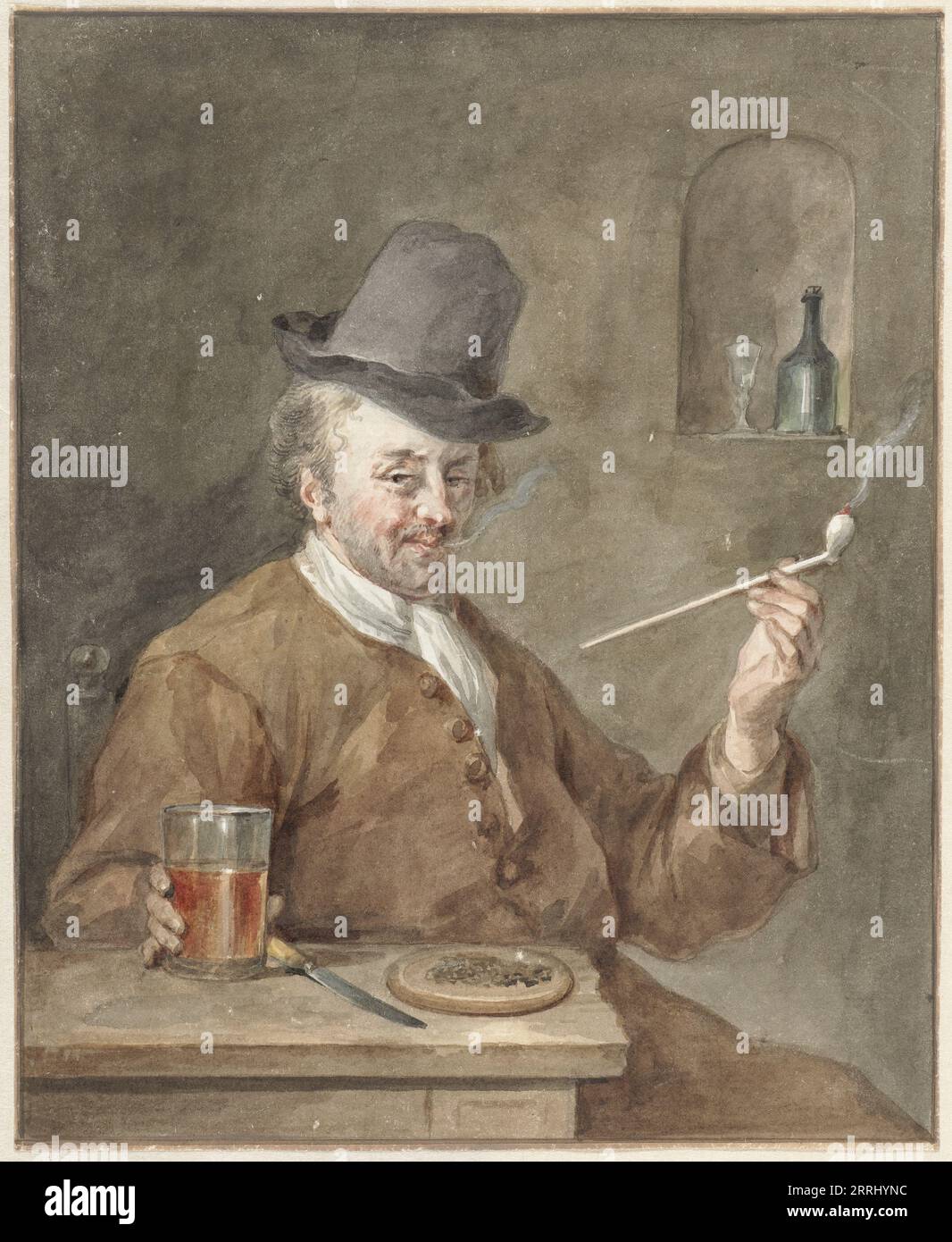 Man smoking a pipe at a table with a plate, a knife and a glass, 1778 ...