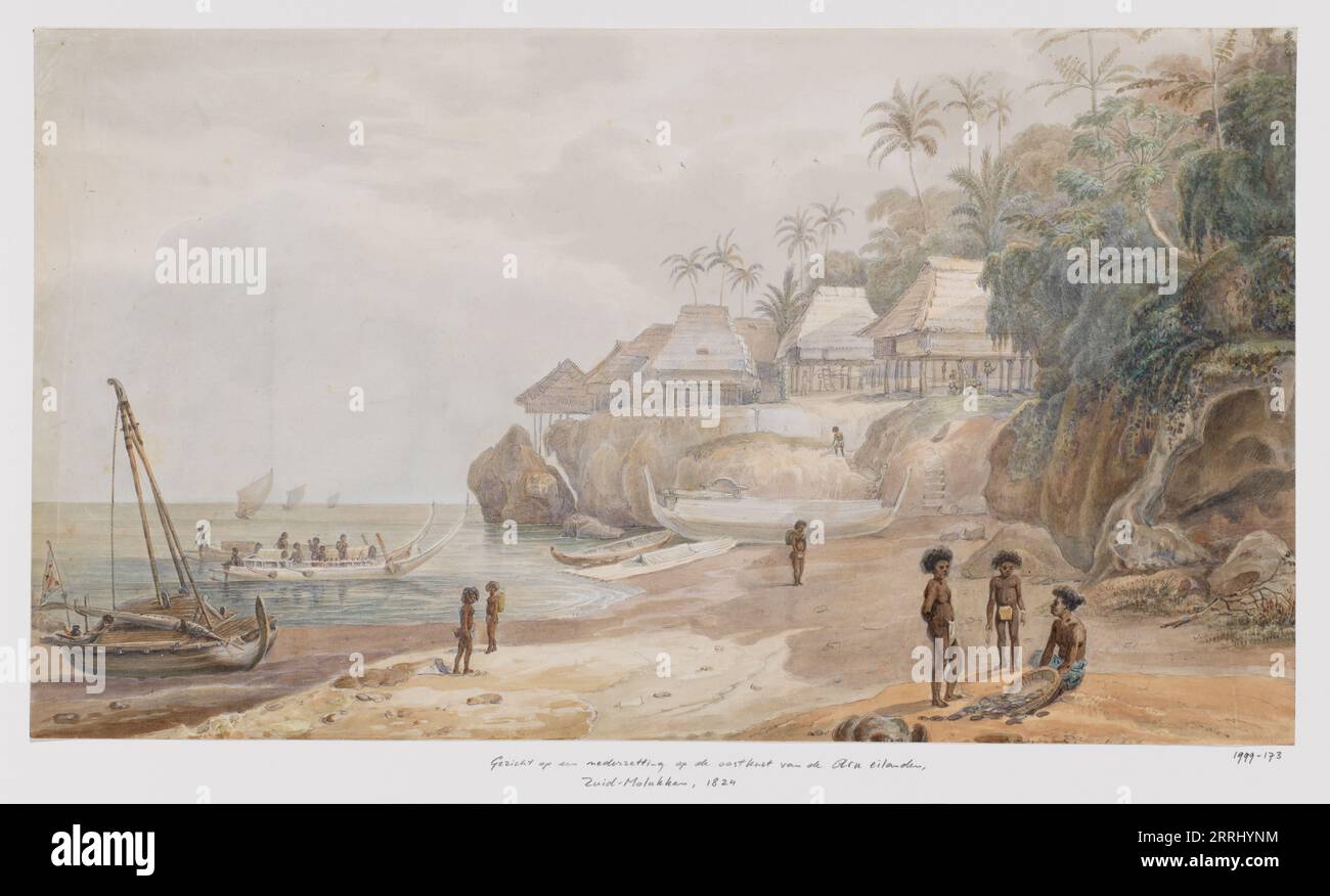 View of a settlement from the east coast of Workai, Aru Islands, Southeast Moluccas, 1824 Stock ...