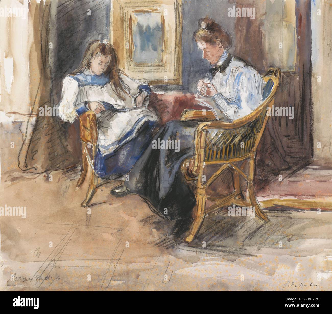 Handworking lady and reading girl seated in wicker chairs, in the house ...