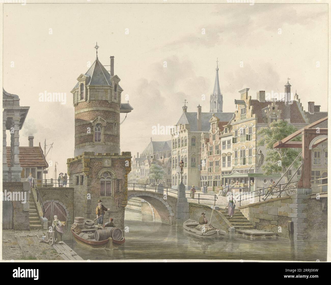 Canal in a city with a turret at a stone bridge, 1788-1846 Stock Photo ...