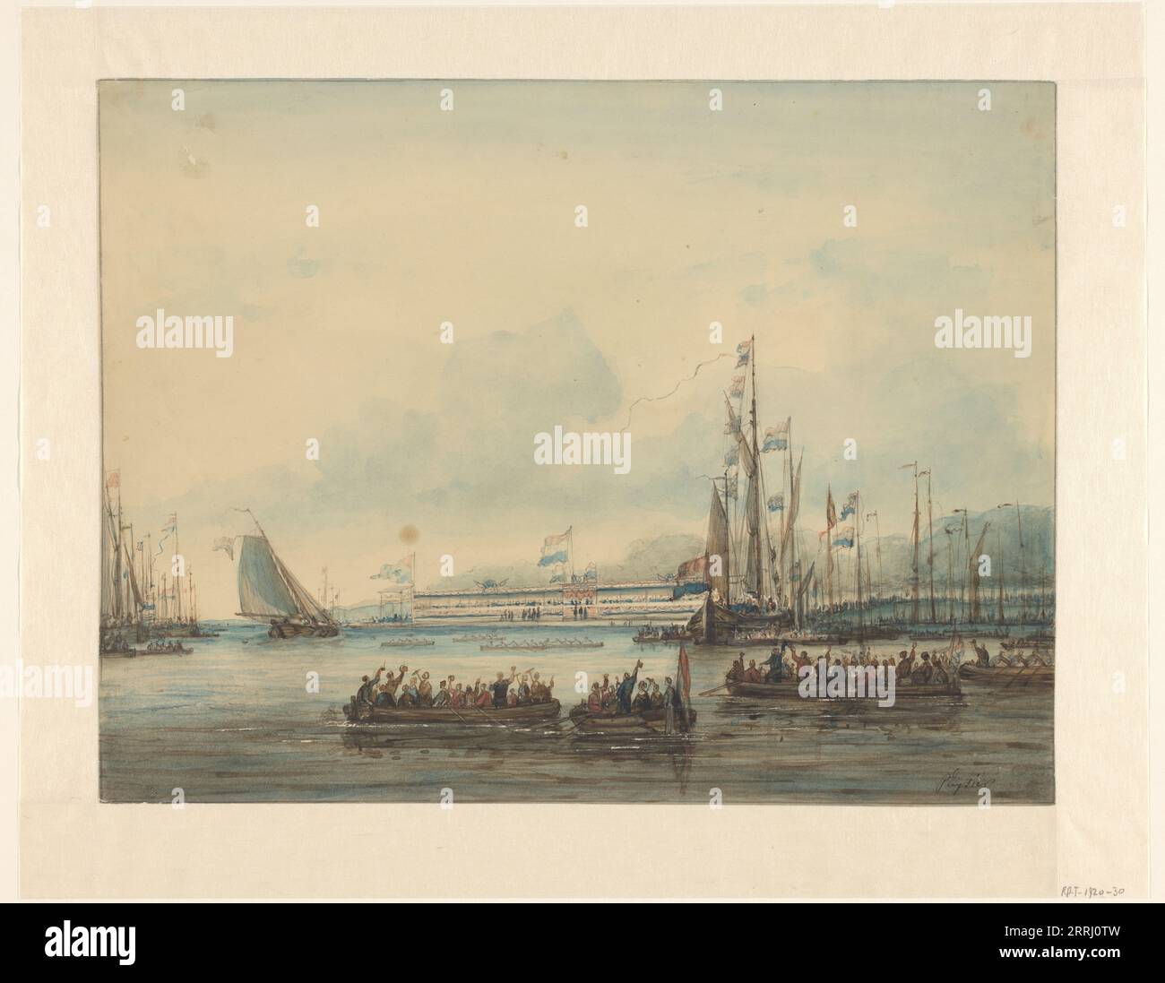 Rowing competition, 1829-1879. Spectators watch from a grandstand with ...