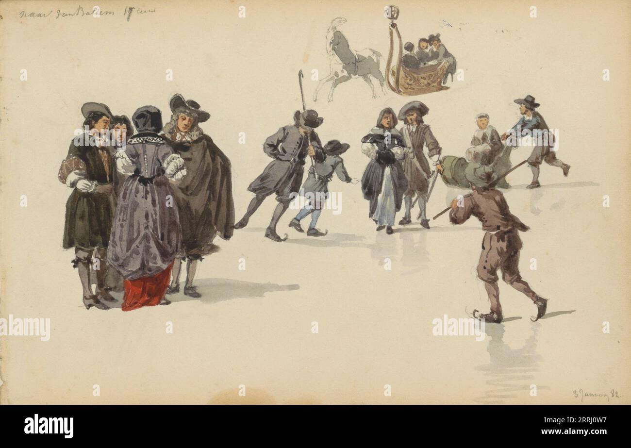 Figures in seventeenth-century clothing, 1882. Three men and a woman ...