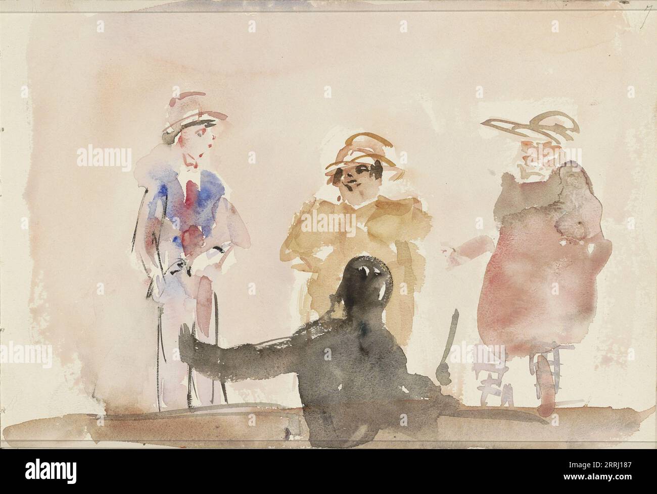 Three performers on stage, 1875-1934. Conductor in the orchestra pit ...