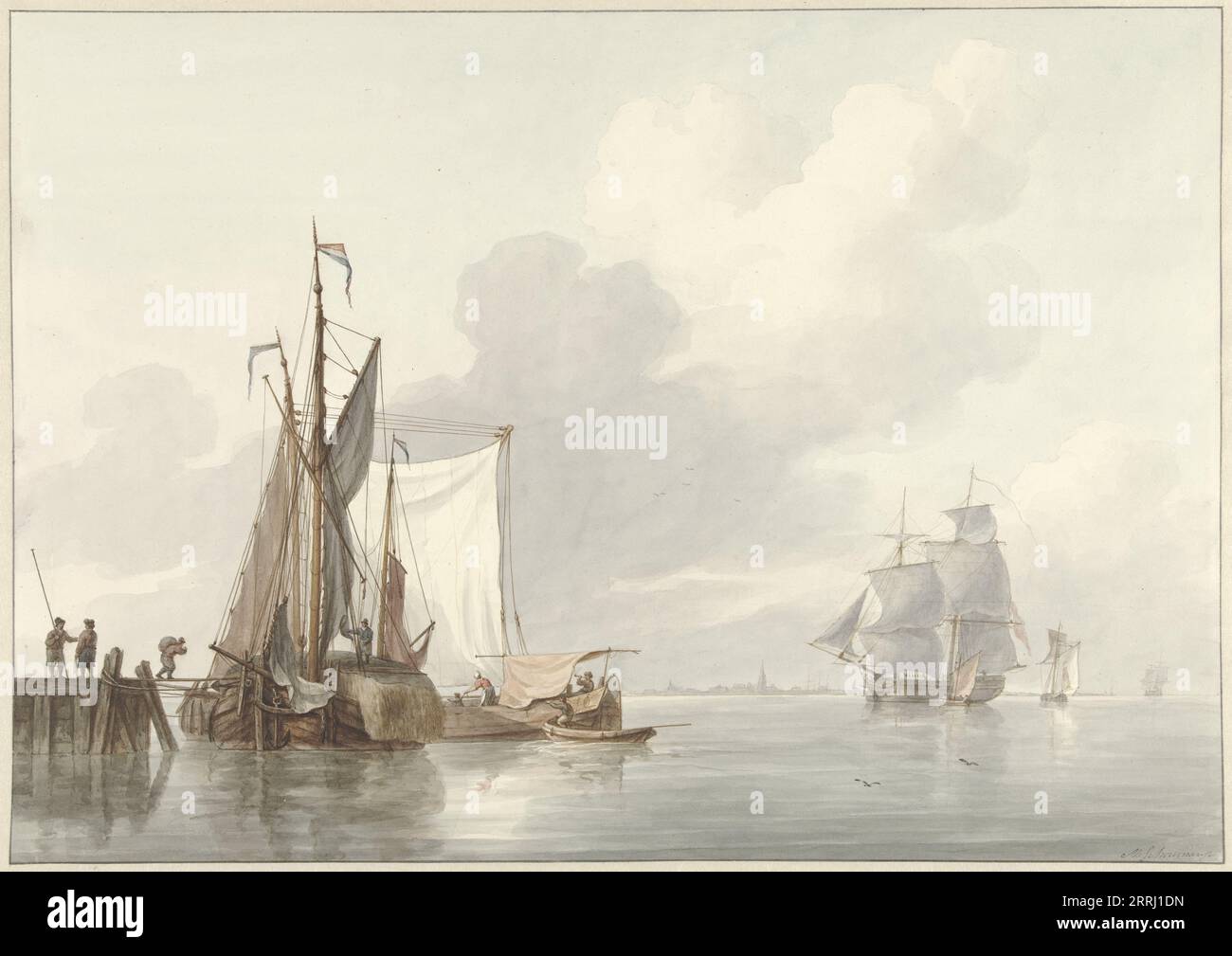 River view with moored ships, 1780-1848. A large sailing ship and a ...