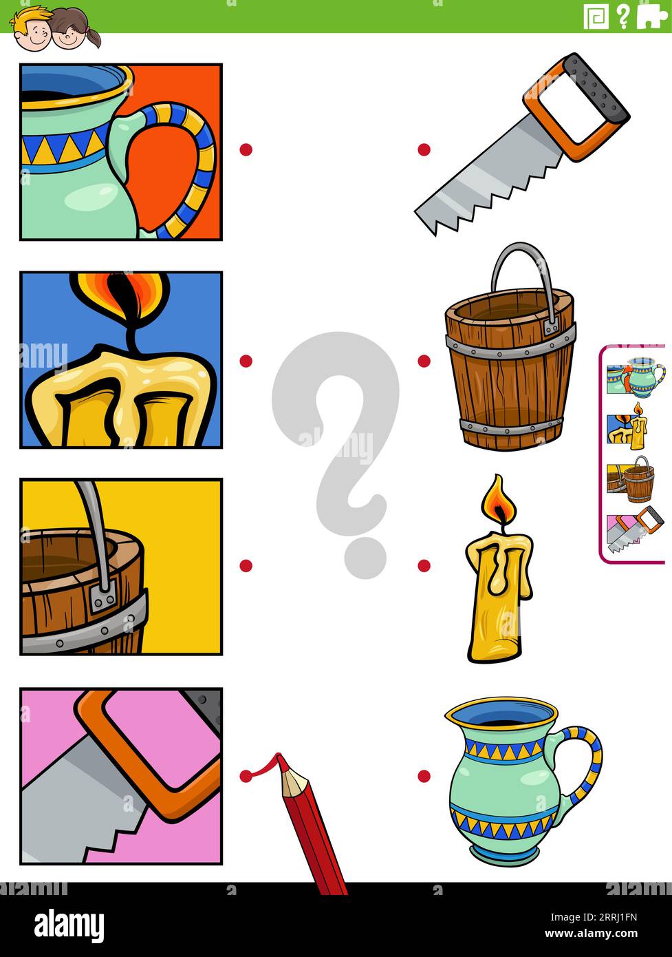 Cartoon illustration of educational matching game with objects and ...