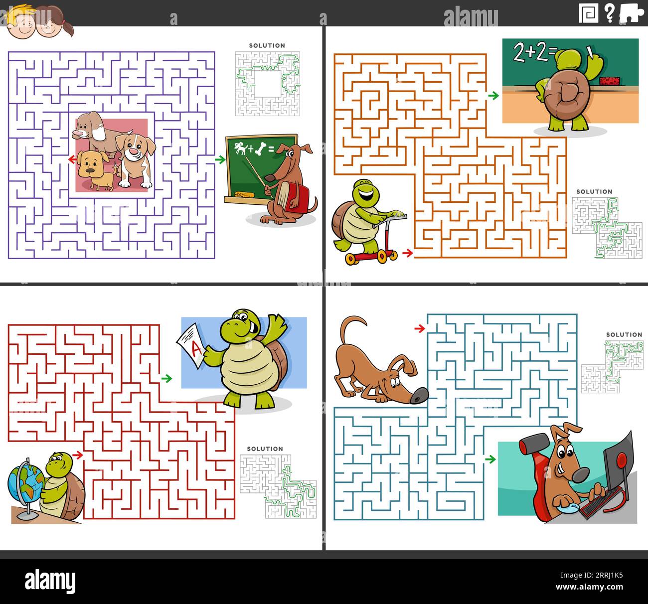 Cartoon illustration of educational maze puzzle activities set with ...