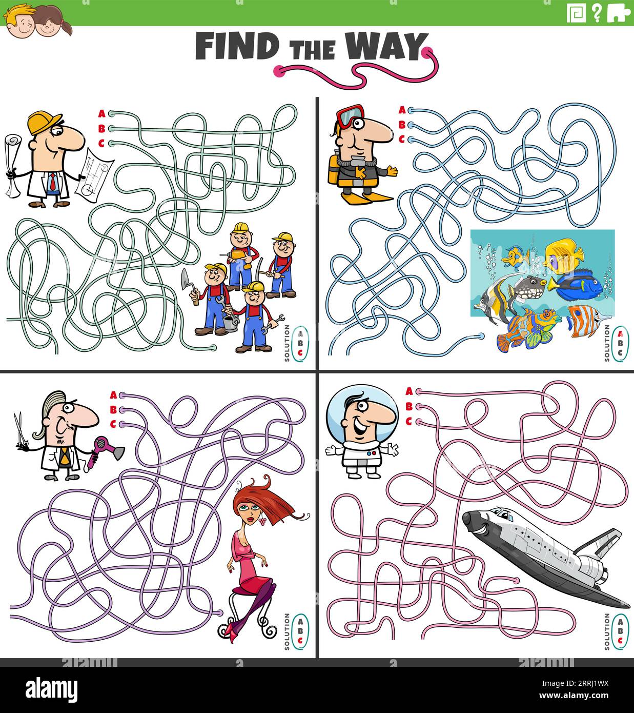 Cartoon illustration of find the way maze puzzle games set with people ...