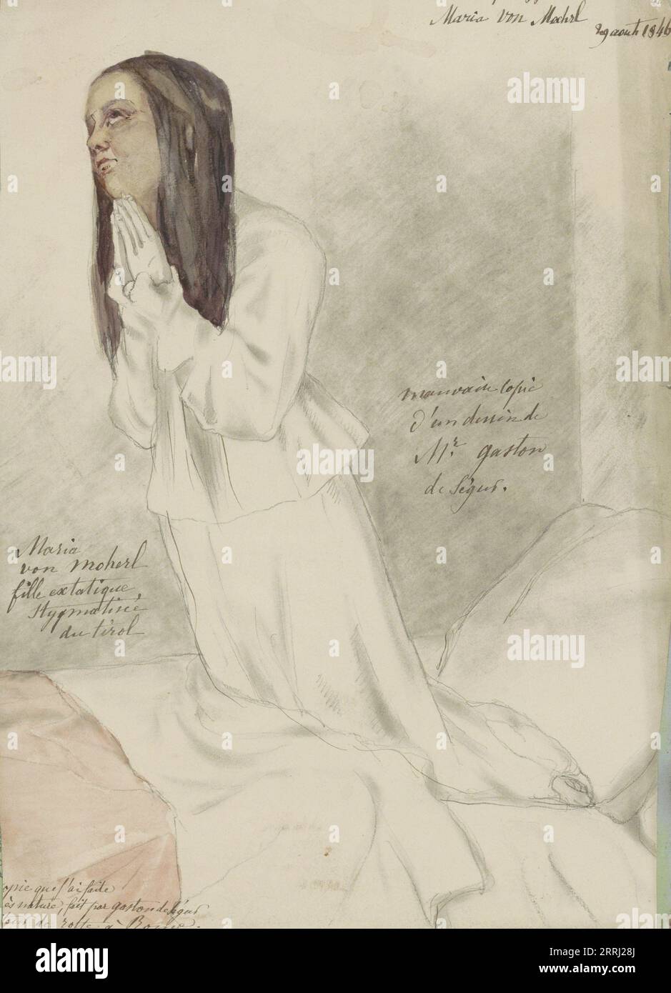 Stigmatization of Maria von Mörl, 1846. Maria von Mörl, kneeling on a ...