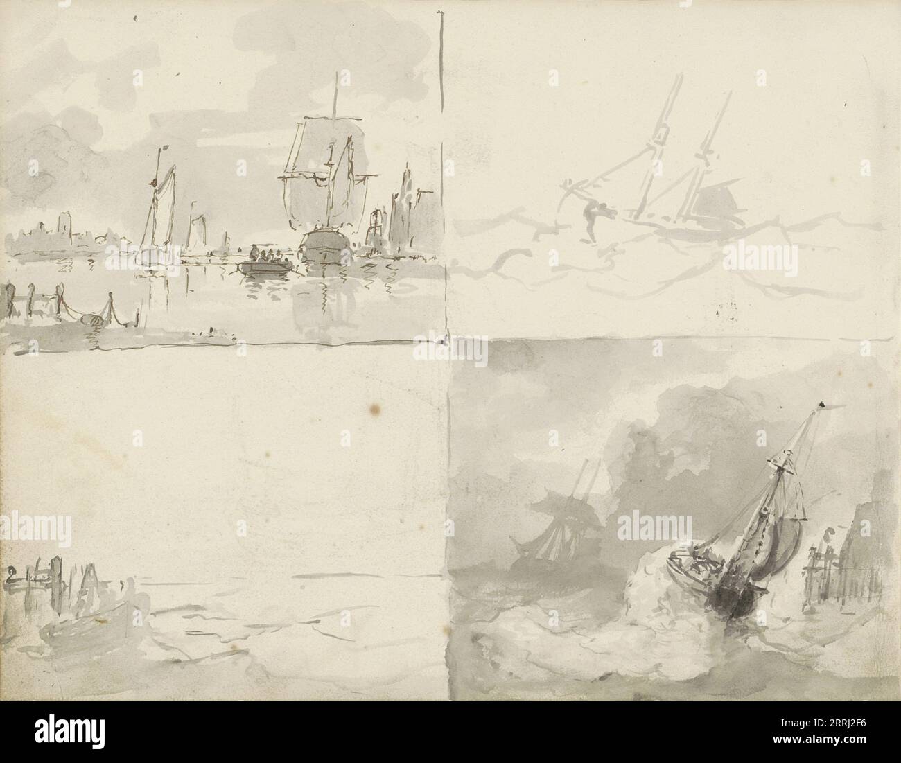 Four seascapes, c.1825-c.1875. Studies of sailing ships at sea and a ...