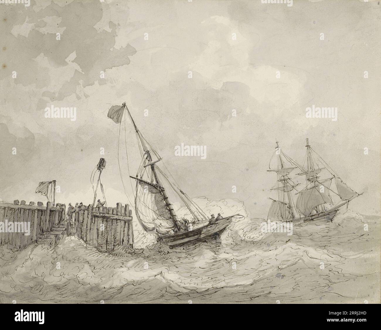 Two sailing ships at a landing place, c.1825-c.1875. Turbulent sea with ...