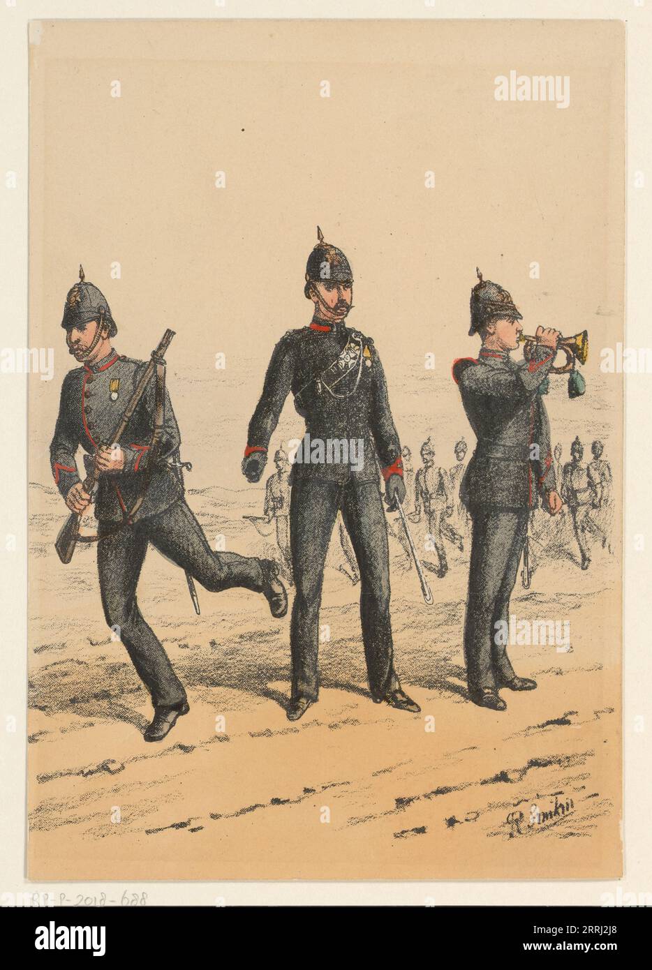 Three British soldiers, 1875-1925. Soldiers in uniform, one sounds the ...