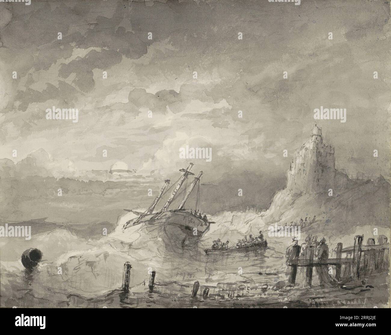 Ship in distress off the coast, c.1825-c.1875. Passengers are saved ...