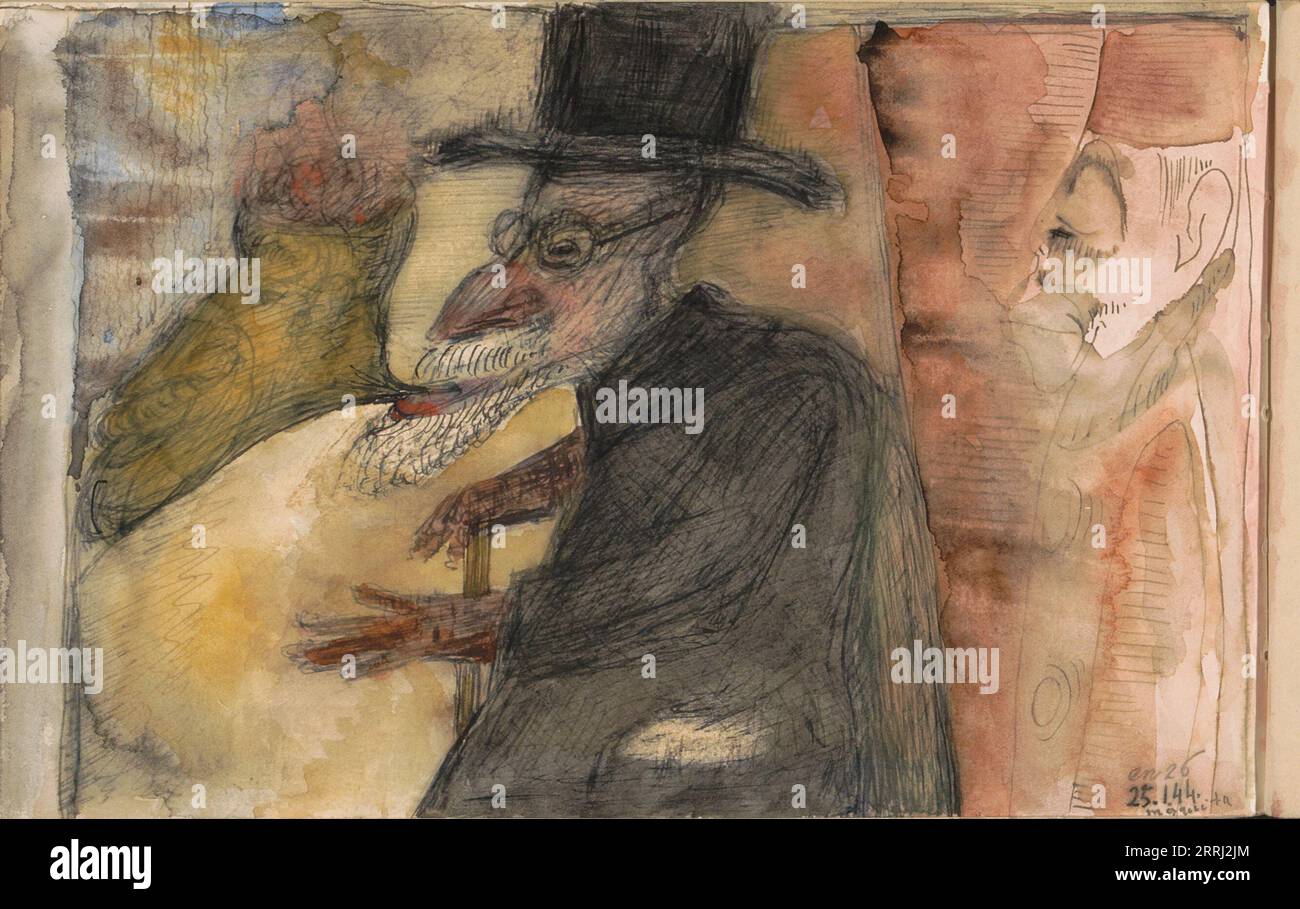 Man with a beard, walking stick and top hat, in profile to the left ...