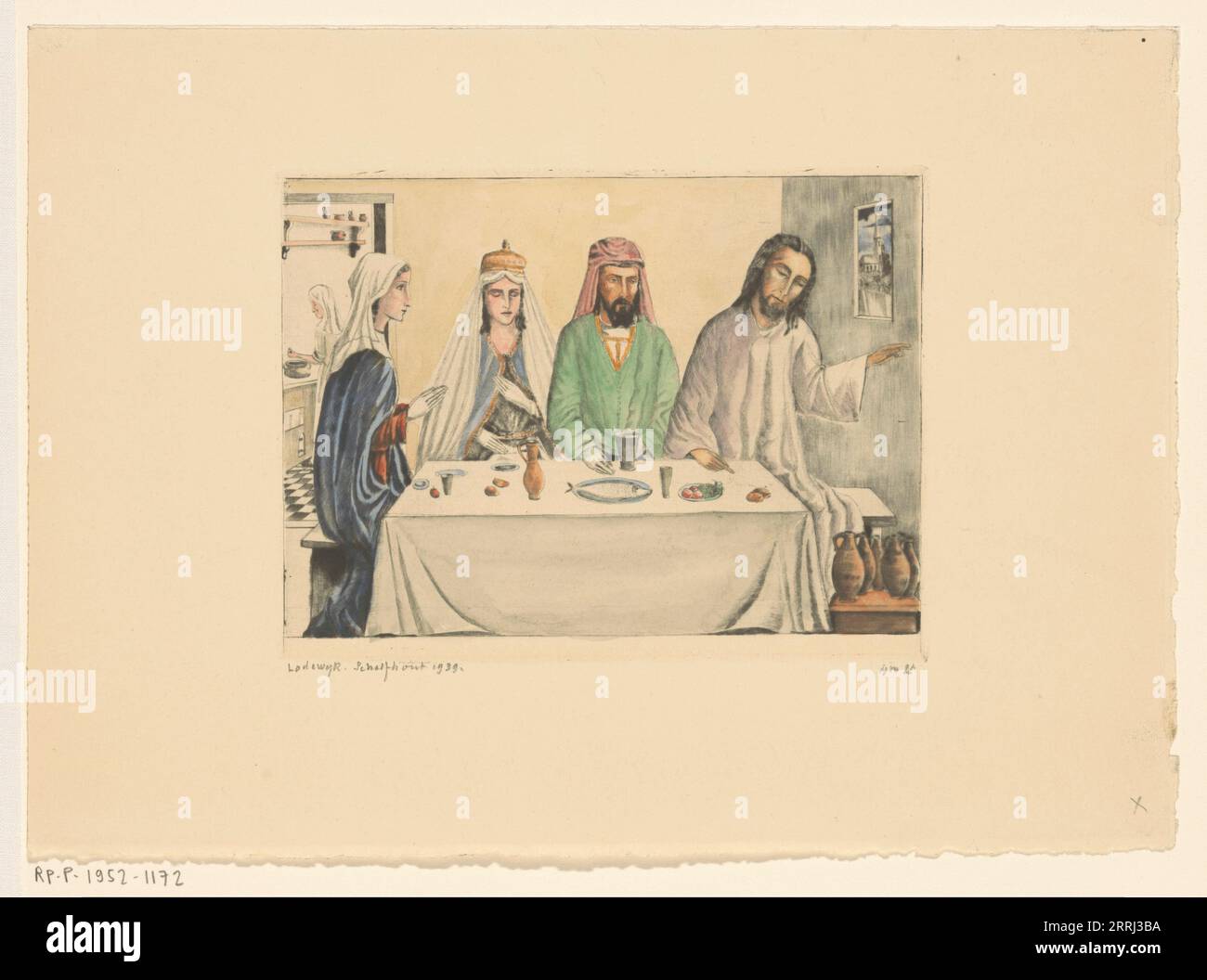 The Wedding in Cana, 1939. Mary, a bride and groom, and Christ, sitting ...