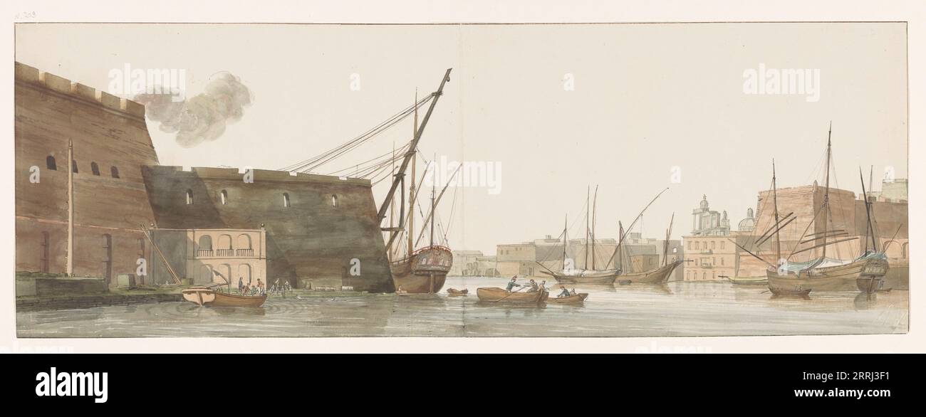 View of a wharf in the port with ships in Malta, 1778. Drawing from the ...