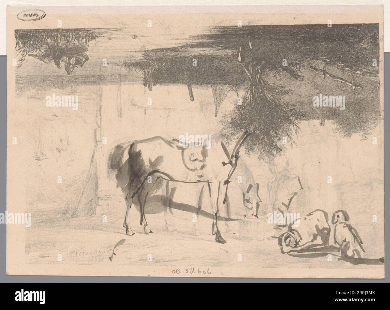 River landscape; two horses and a servant in a stable, 1846. Two images ...