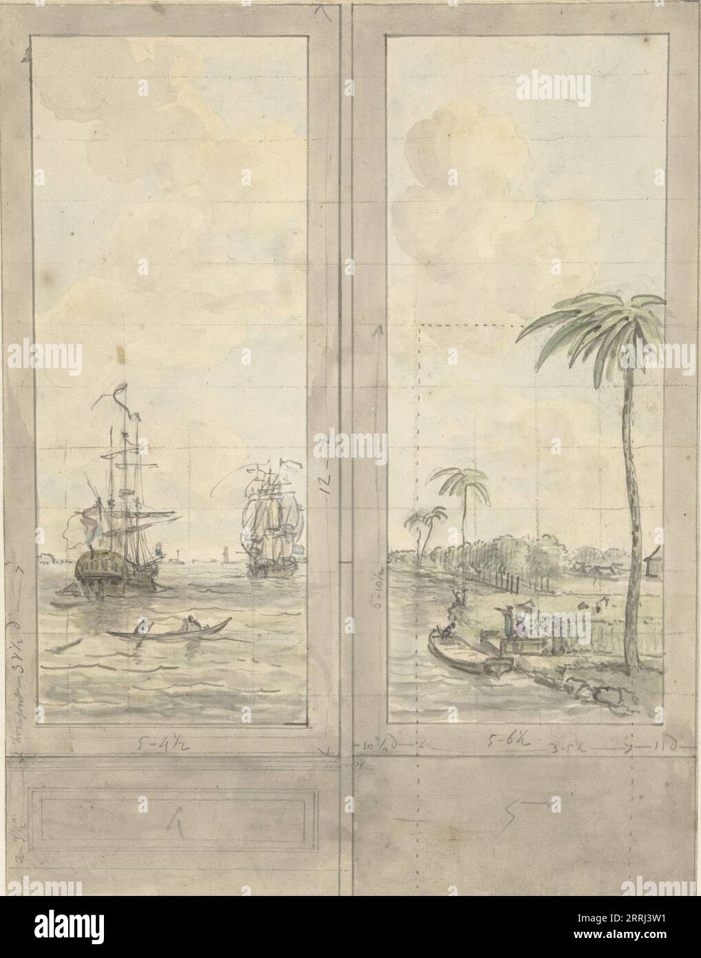 Design for two wallpapers: river with ships in the colonies, c.1752-c ...