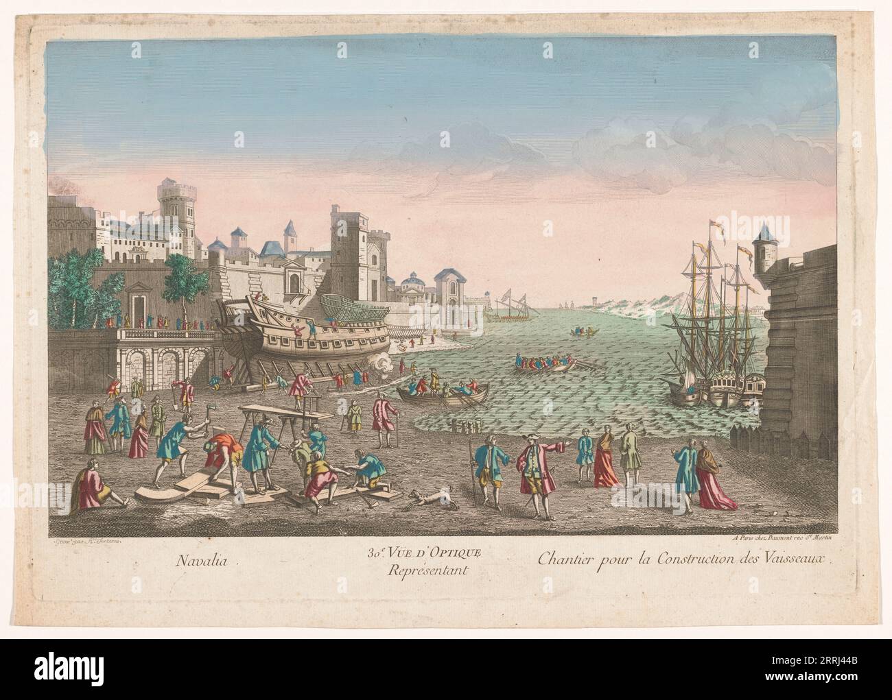 View of a shipyard, 1745-1775. Ships and boats lie on the water. On the ...