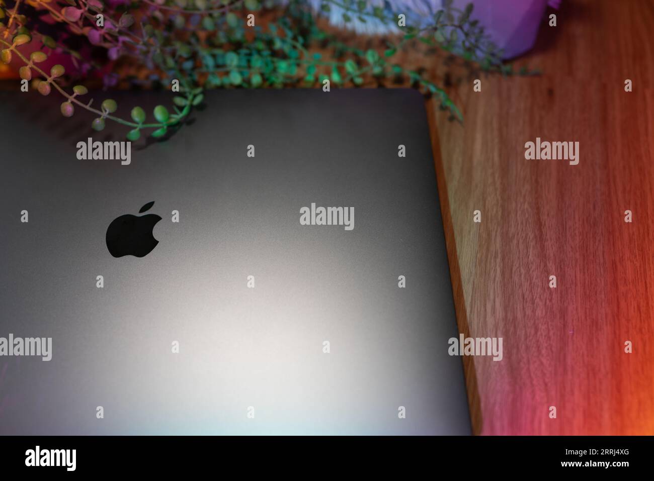 Laptop back with colorful lights - Apple Macbook pro computer Stock ...