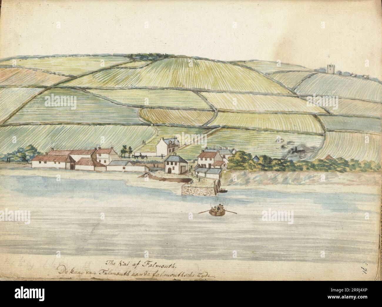 Falmouth quay, 1778. Houses and rolling rising green coast. The drawing ...