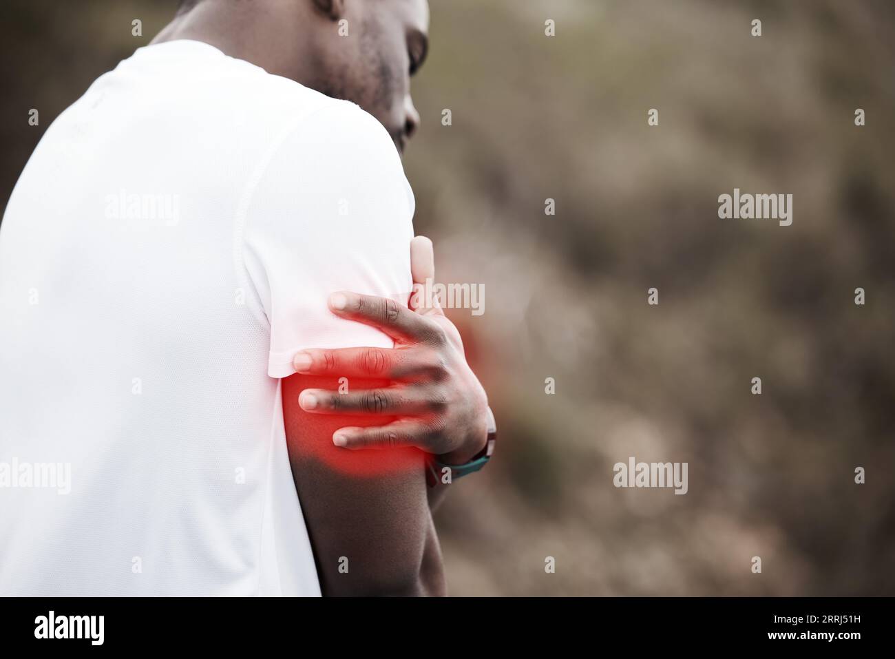 Arm, joint pain and man with fitness injury, health and wellness with ...