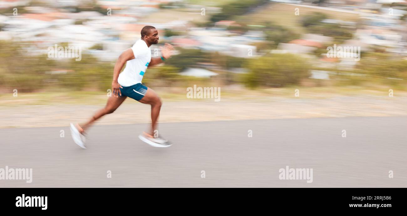 Fast, road and a black man running for cardio, exercise and training ...