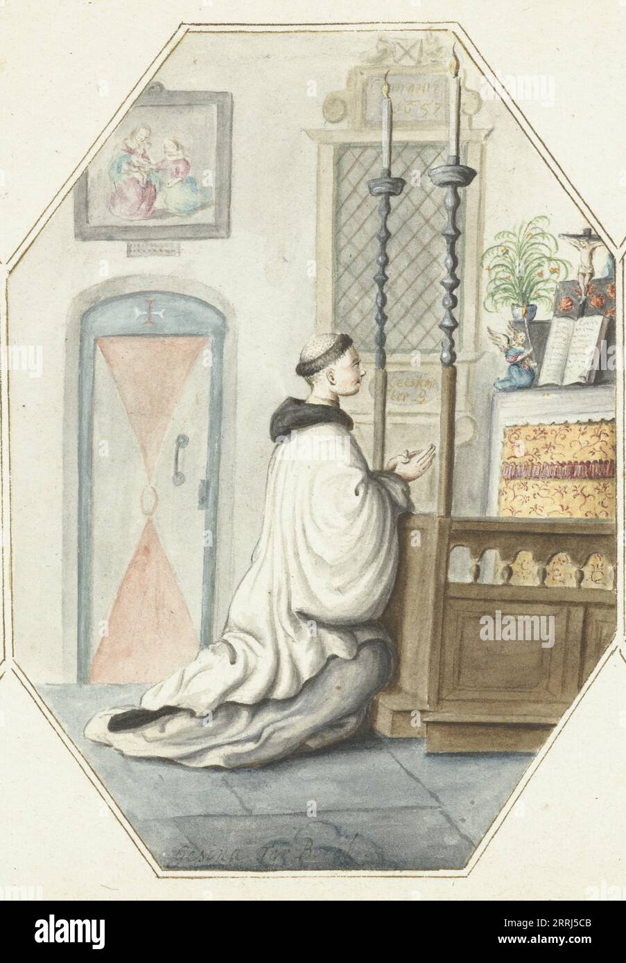 Monk kneeling at an altar, 1657. Brother with a habit of the Order of ...