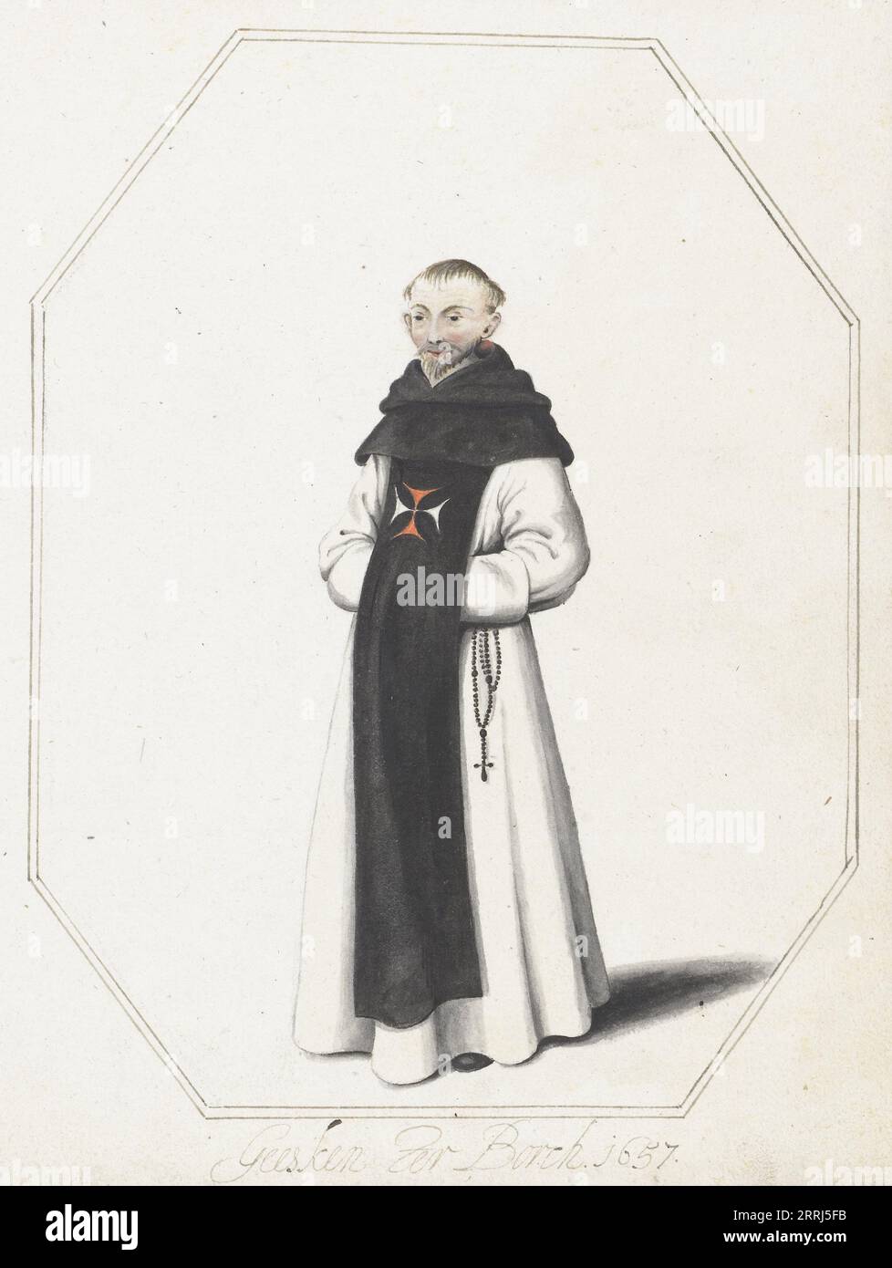 Monk with rosary beads, 1657. Standing brother, with habit of the Order ...