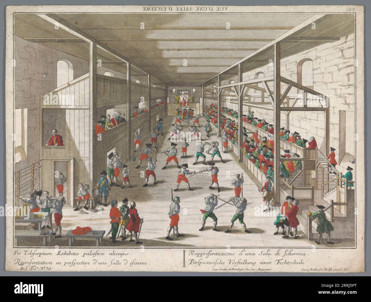 View of a fencing school, 1742-1801. Men with weapons practice in a ...