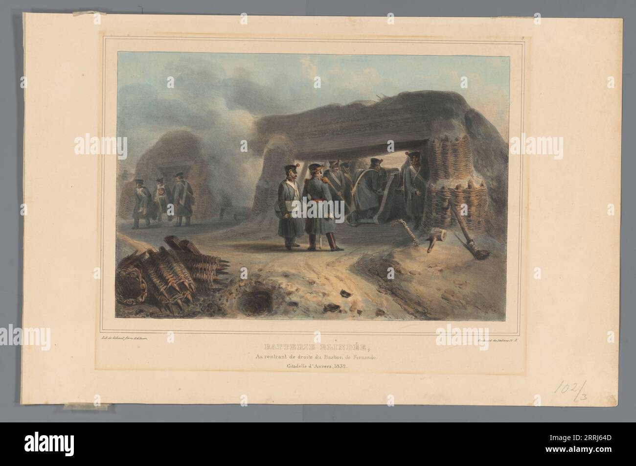 Armoured battery, 1832, (1833). Soldiers and cannon; baskets or gabions ...