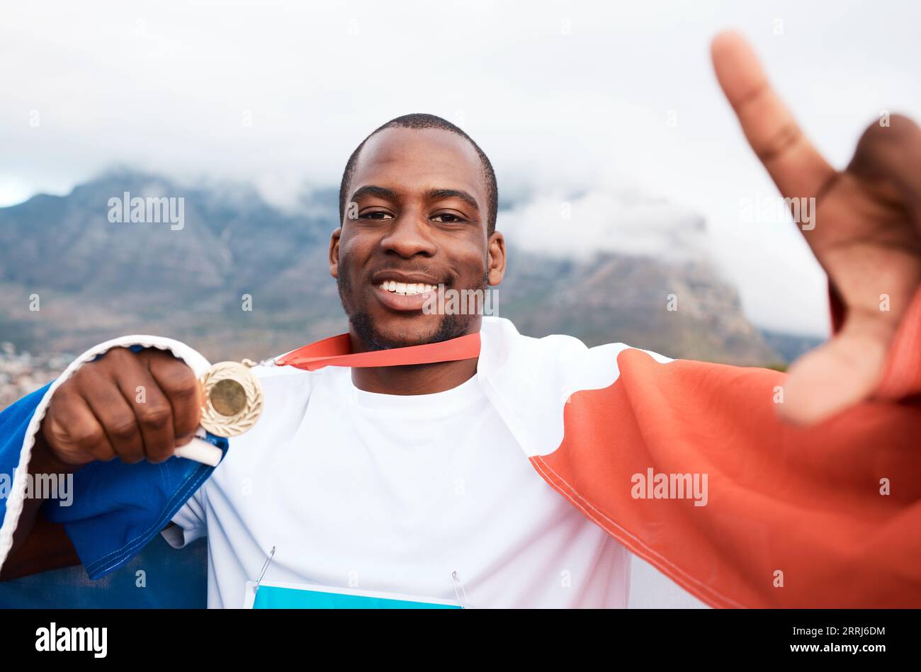 Winner portrait, flag or black man with gold medal, emoji sign and pose ...