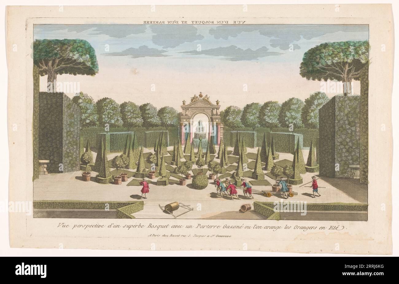 View of a park with trees, hedges and lawns where orange trees are ...