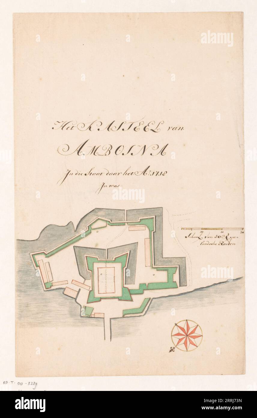 Plan of Fort Victoria, Ambon, 1718. Scale of 30 Rijnlandse rods, with a ...