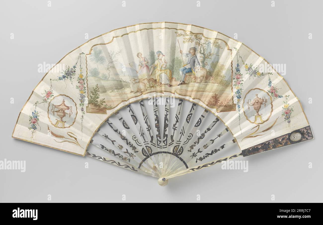 Folding fan with pastoral scene, c.1780-c.1790. Watercolour on leather ...