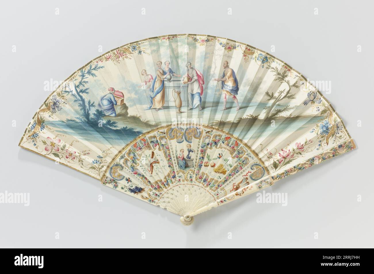 Folding fan with Eliezer and Rebecca at the well, c.1745-c.1755. Frame ...