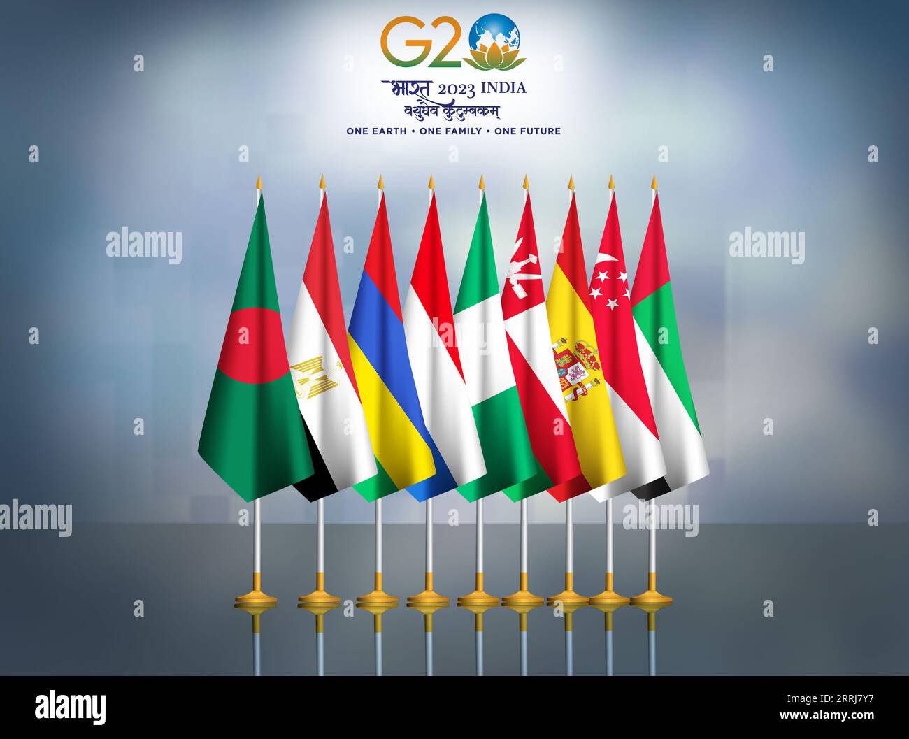 2023 New Delhi G20 summit guest countries' flags with logo on the back Stock Photo - Alamy