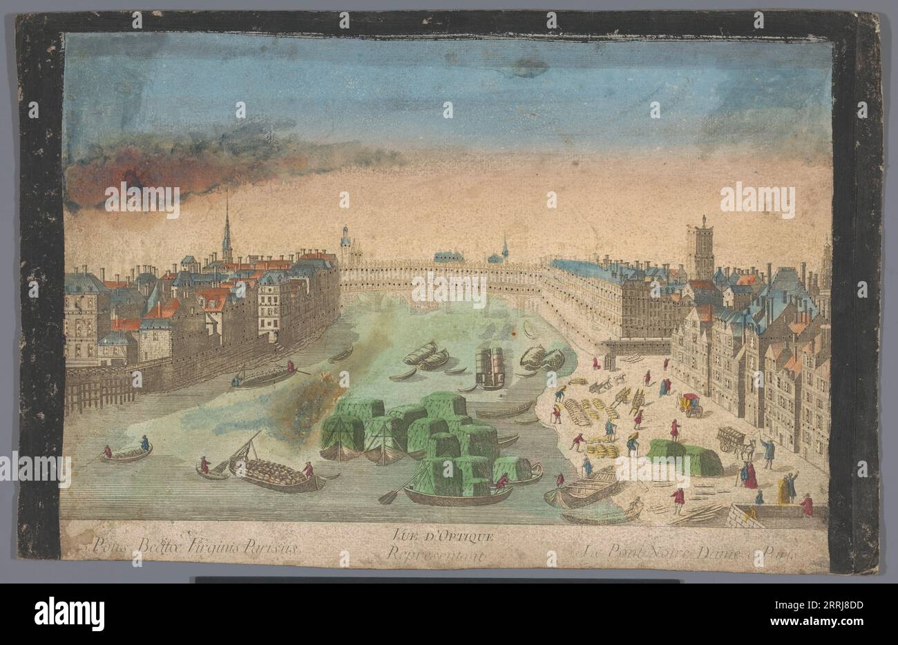 View of the built-up Pont Notre-Dame over the Seine River in Paris ...