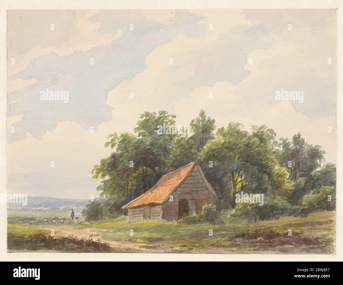 Landscape with barn and in the distance a shepherd with sheep, 1797 ...
