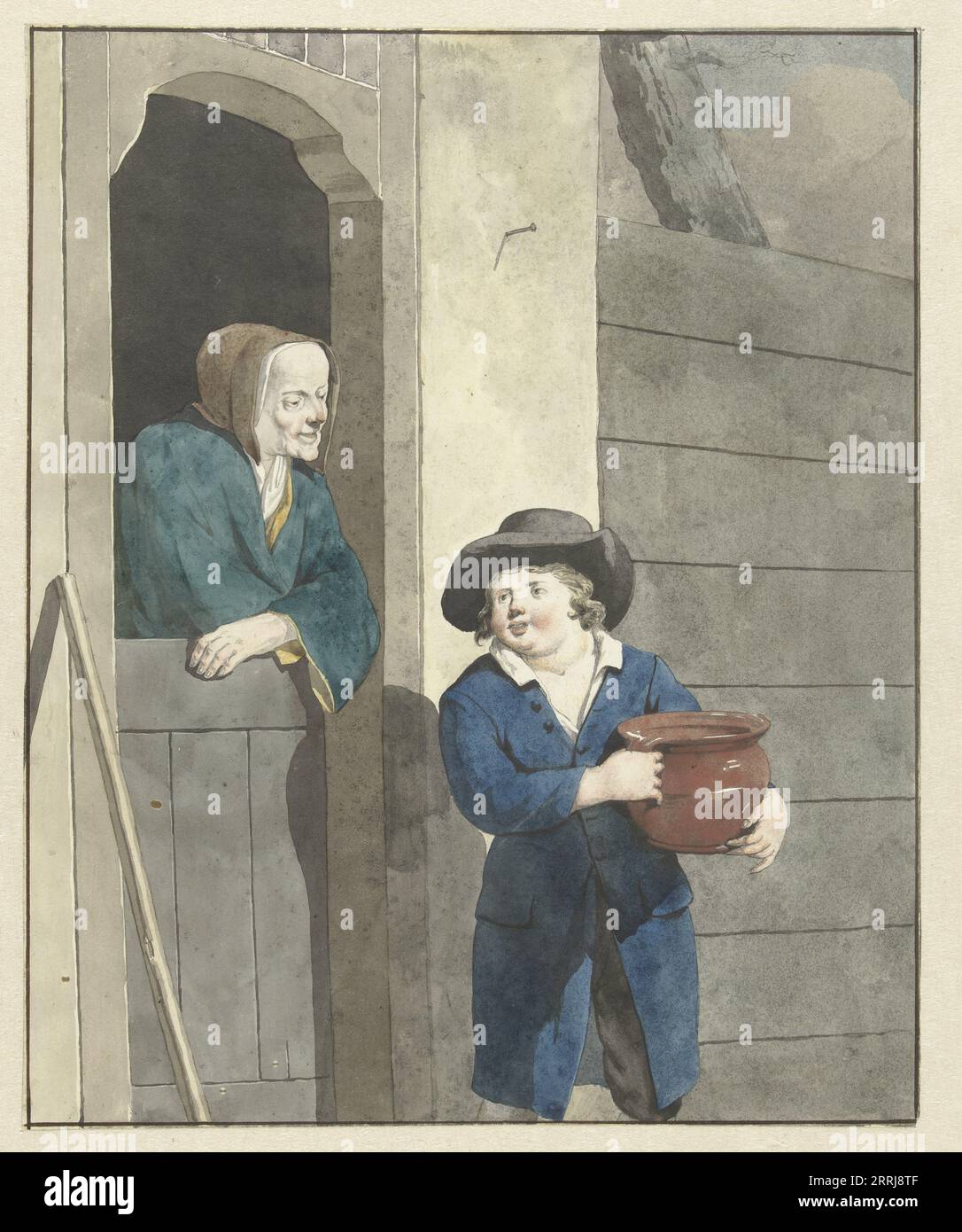 Boy with a pot with a woman leaning on a lower door, 1700-1800 Stock ...
