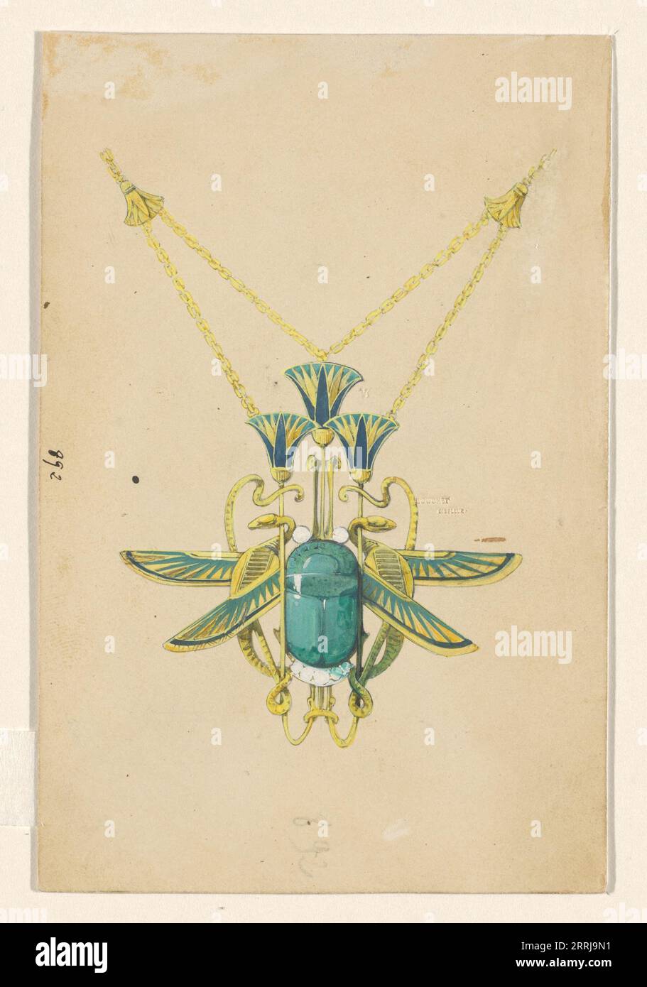 Design for a pendant with a scarab, snakes and lotus flowers, of ...