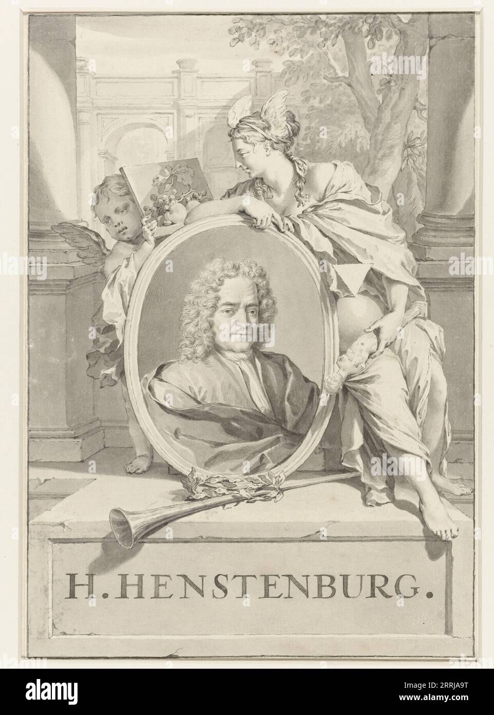 Portrait of Herman Henstenburgh in an oval frame, held by female figure ...