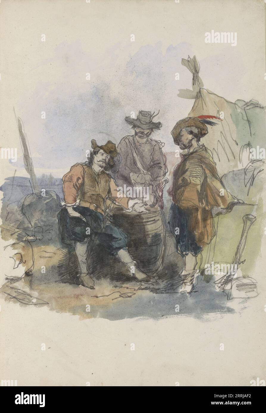 Three men on a quay, 1837-1881. Men in 17th-century dress gathered ...