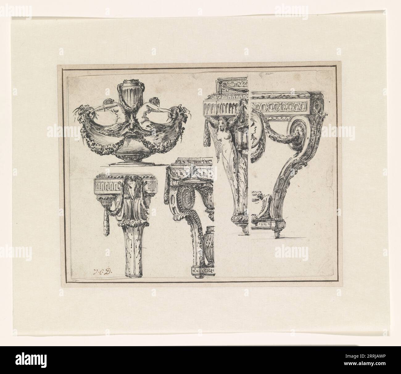 Two designs for tables, stands, a vase and a bowl on a stand, c.1765-c ...