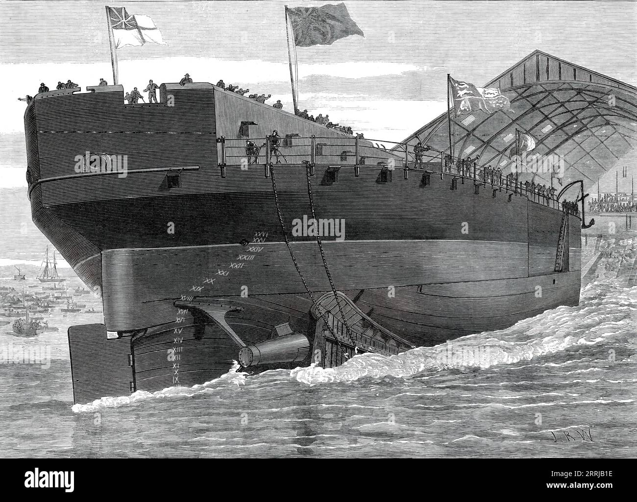 Launch of the Inflexible at Portsmouth Dockyard: stern view of the ship ...