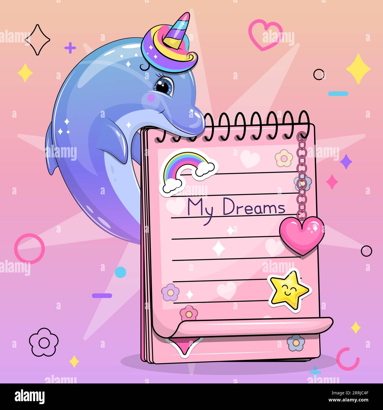 A cute cartoon blue dolphin and a big pink notebook with stickers ...