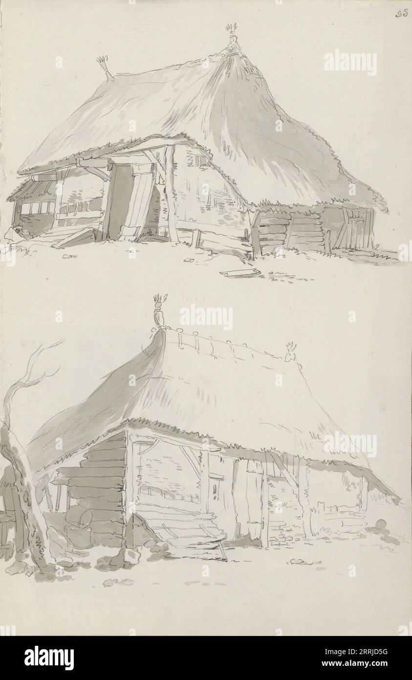 Farm buildings with thatched roofs, c.1780-c.1800 Stock Photo - Alamy