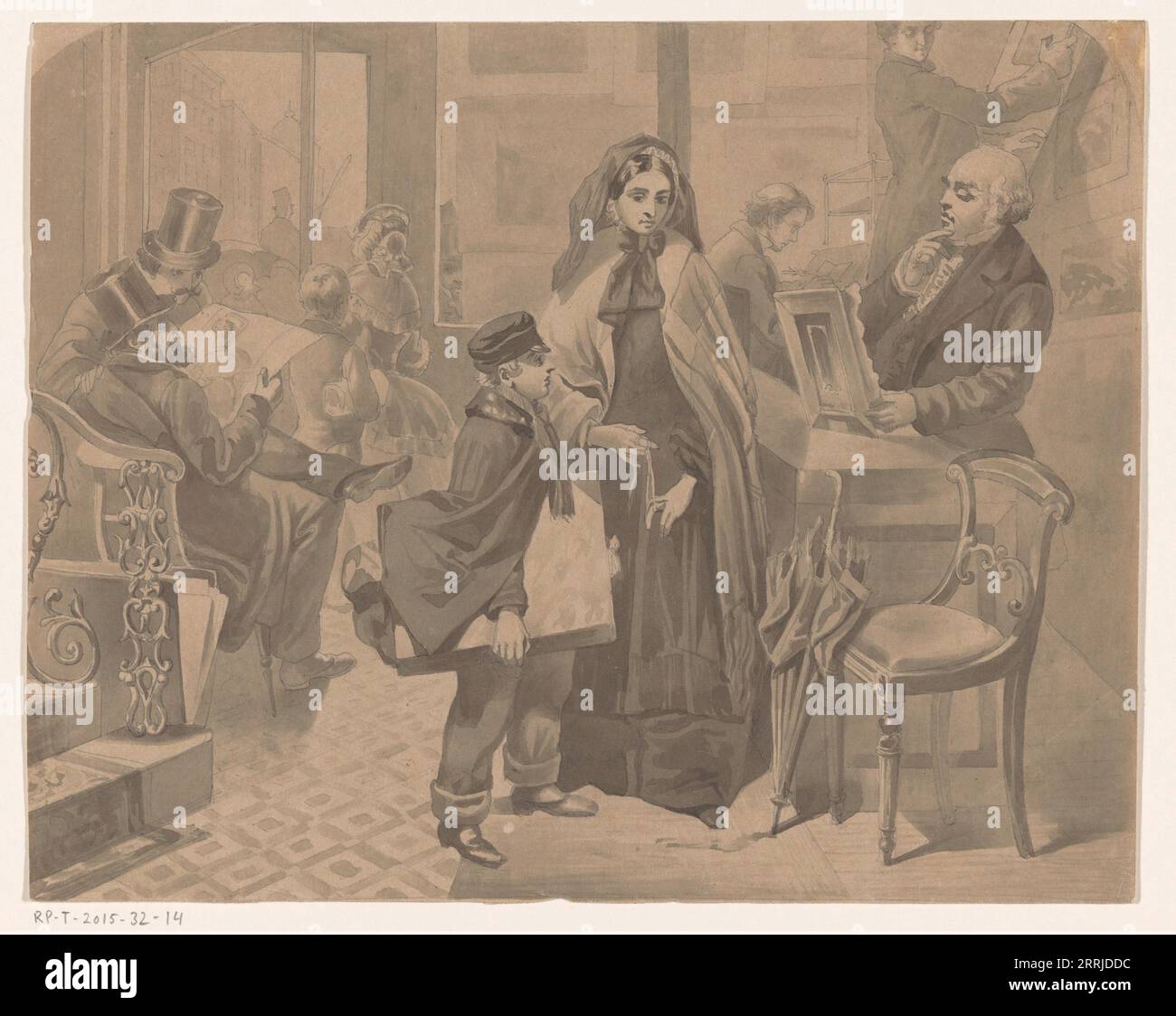 Mother and son with an art dealer, 1857-c.1900. A woman has brought a ...