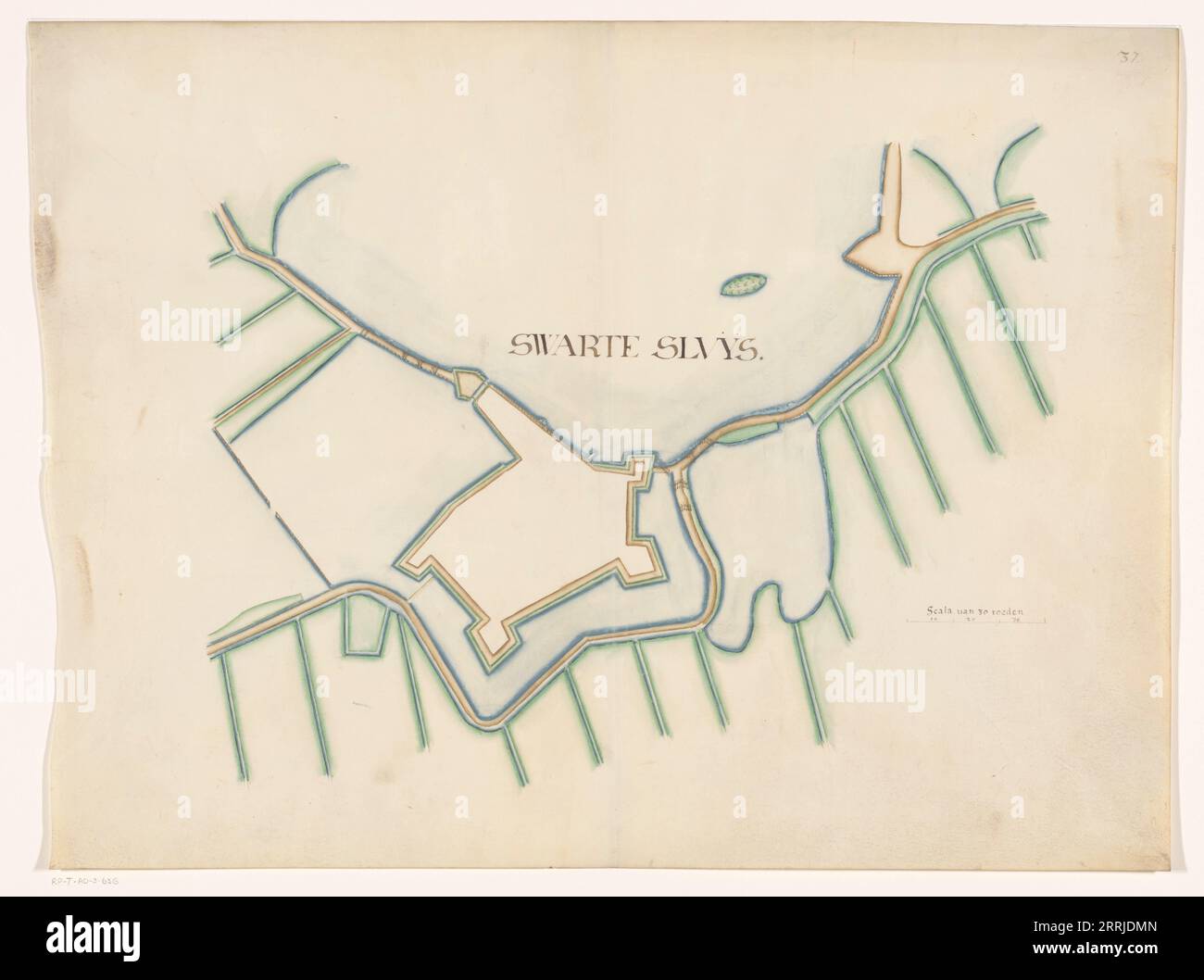 Map of Zwartsluis Fortification, c.1650-c.1799. On the right a scale ...