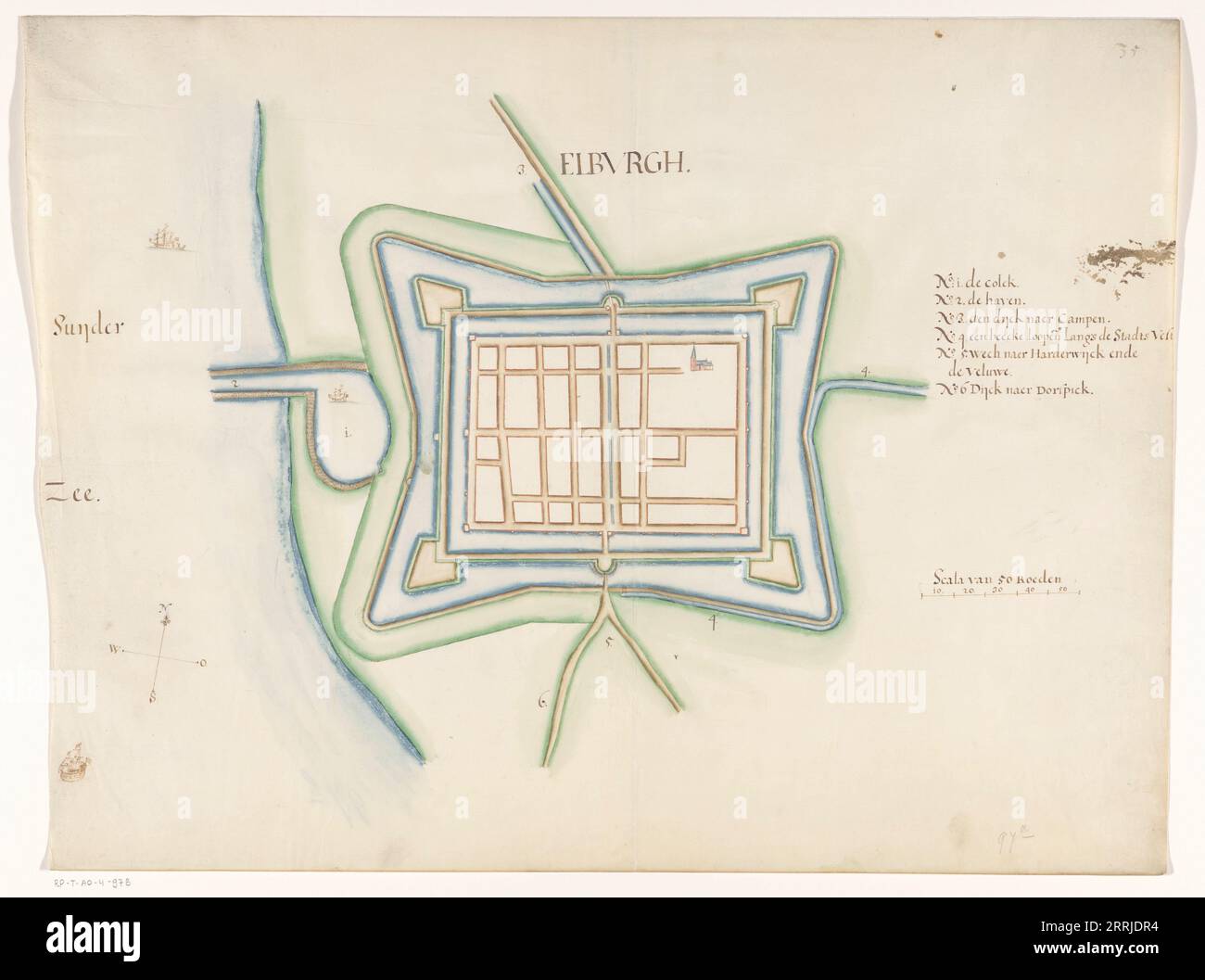 Map of Elburg, c.1650-c.1799. Key on the right; underneath a scale ...