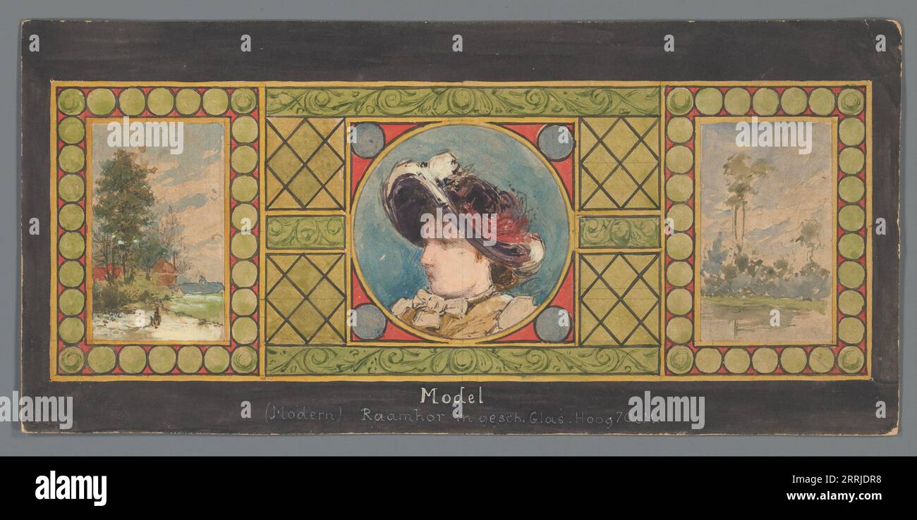 Triptych of painted glass with a landscape on either side of a portrait ...